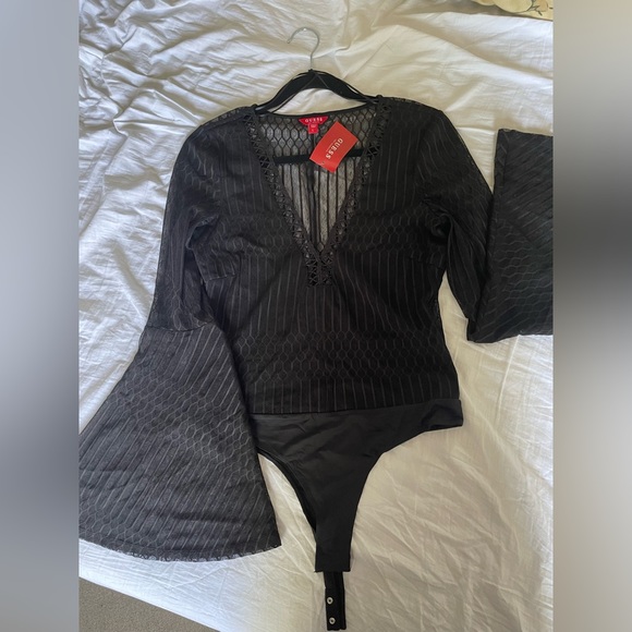 Guess | Tops | Guess Black Flare Sleeve Plunge Top Mesh Sheer Bodysuit ...